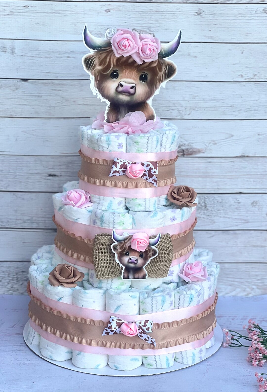 Highland Cow Diaper Cake Girl , Boho Cow Baby Shower Girl ,table ...