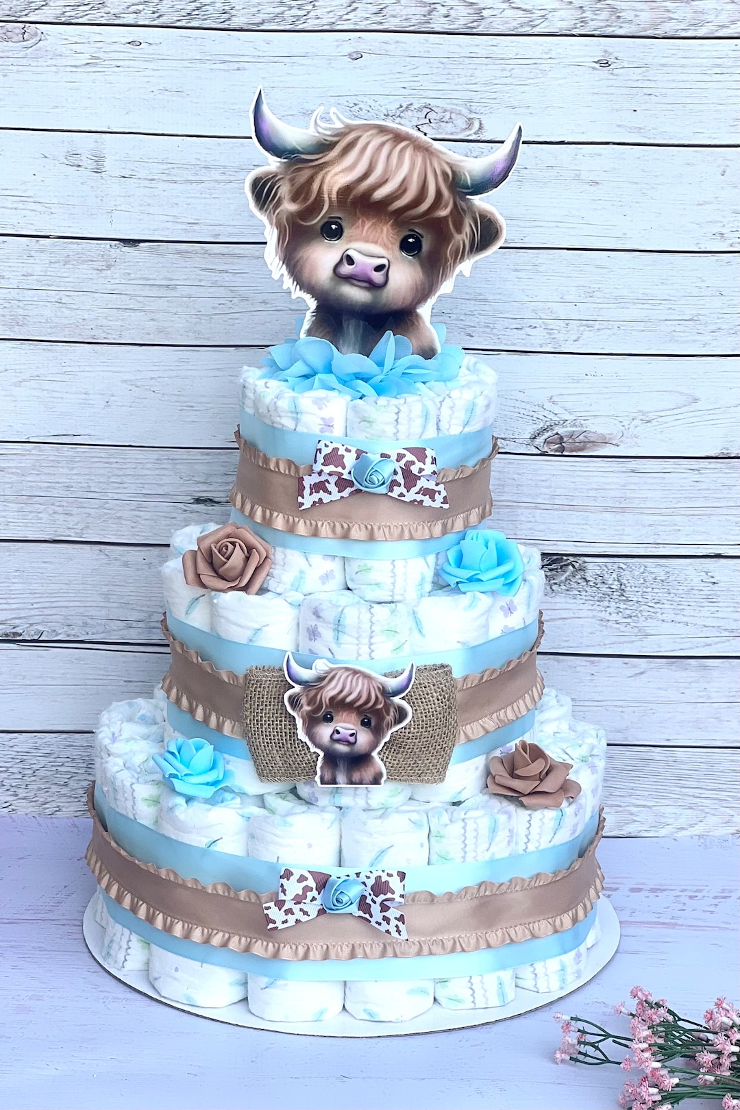 Highland Cow Diaper Cake Boy , Boho Cow Baby Shower Boy ,table ...