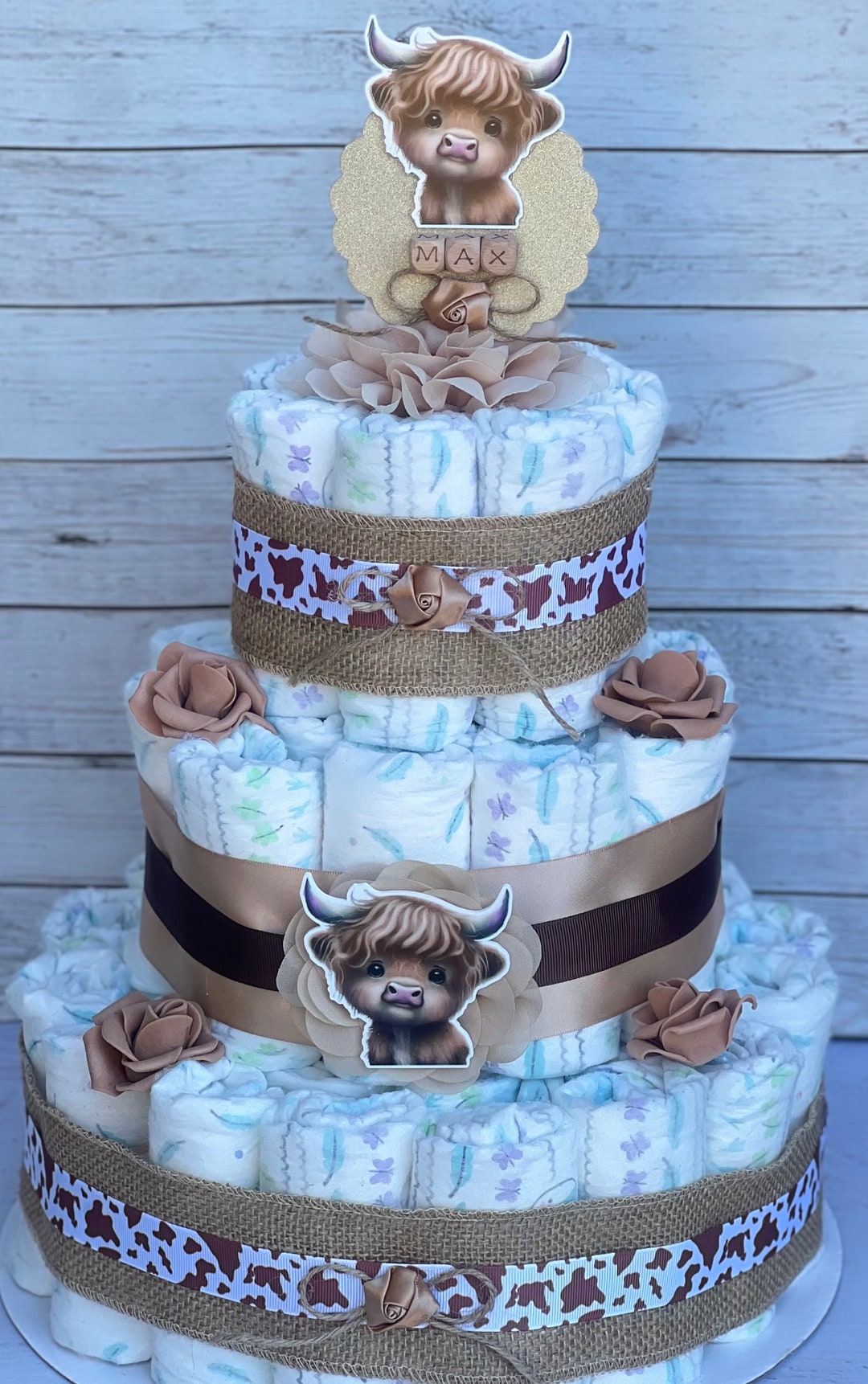 Highland Cow Baby Shower Diaper Cake , Boho Cow Baby Shower Centerpiece ...