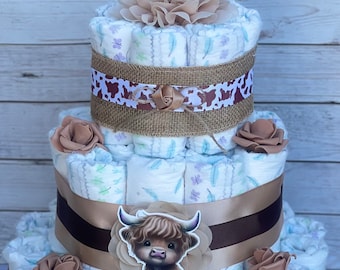 Highland Cow Baby Shower Diaper Cake , Boho Cow Baby Shower Centerpiece ...