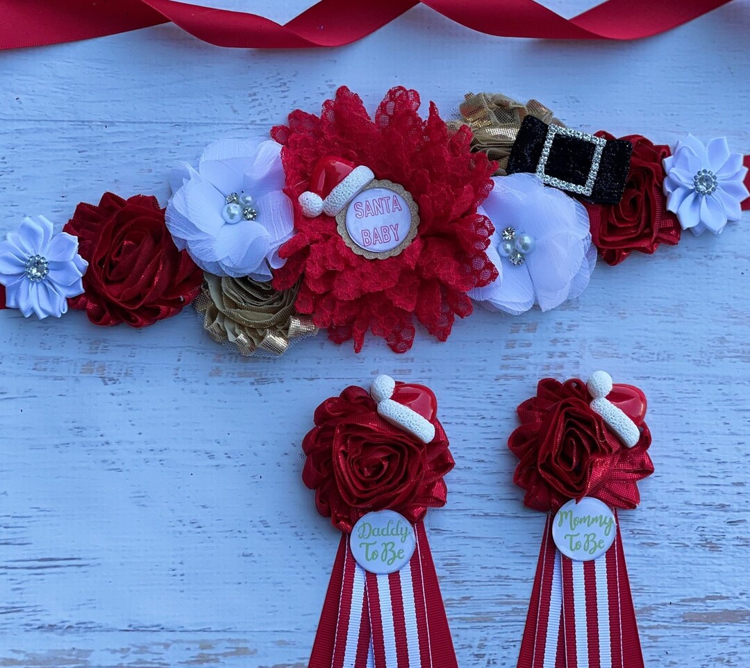 Santa Baby Shower Sash Santa Maternity Sash Belt Red Santa Holiday Sash ...
