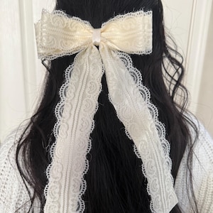 Ivory Satin Lace Bow With Tail , Girl Hair Bow With Tail, Lace Hair Bow ...