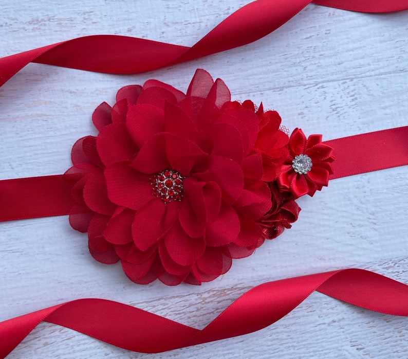 Red Flower Sash Red Flower Girl Sash Red Bridal Sash Toddler - Etsy