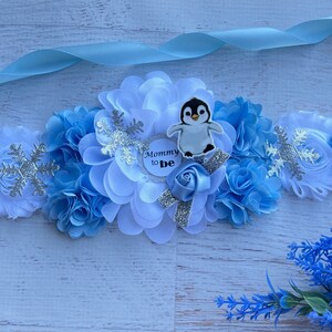 Penguin Baby Shower Sash ,blue Silver Penguin Maternity Sash , Winter ...
