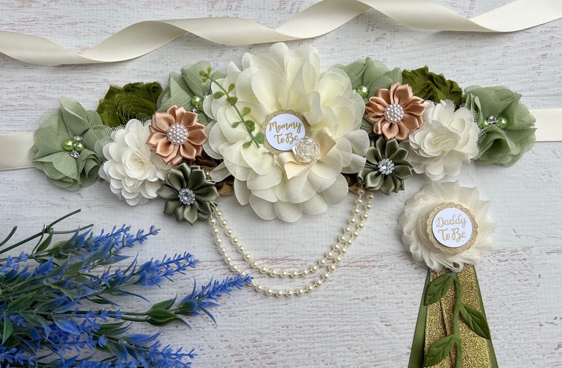 Greenery Baby Shower Sash, Greenery Maternity Sash , Sage Gold Cream ...