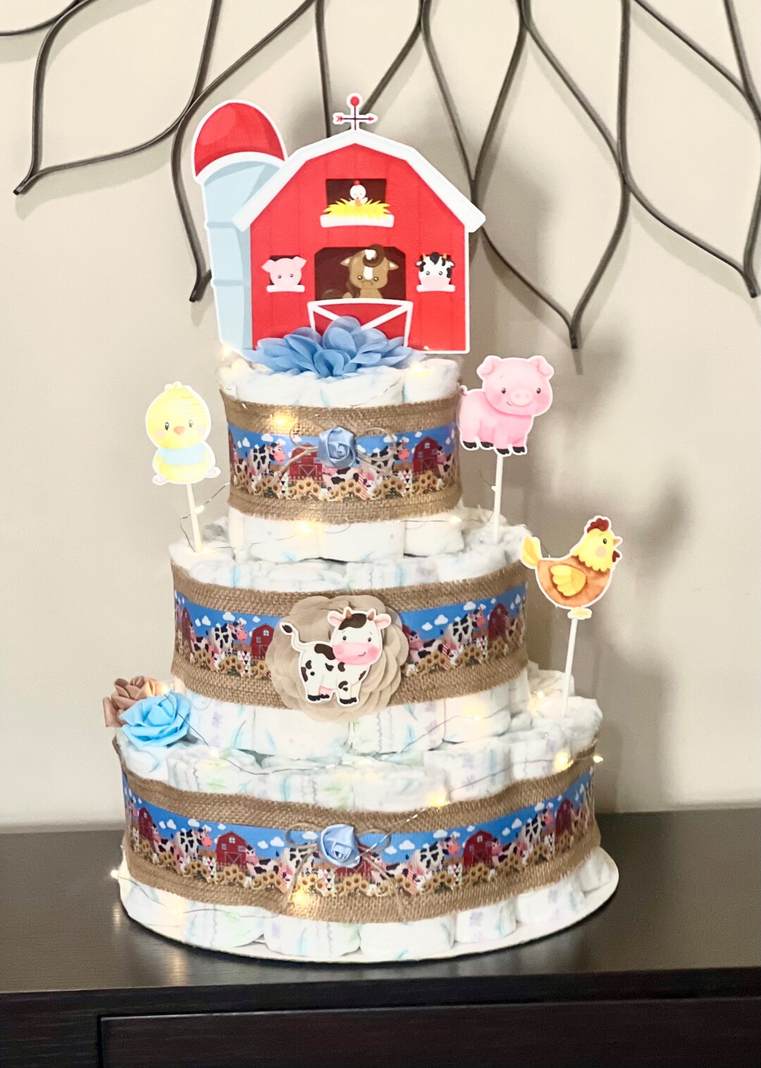 Farm Diaper Cake Boy With Fairy Light Farm Baby Shower Boy Baby Shower ...