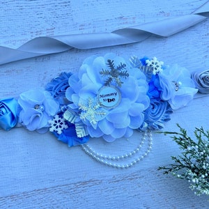 Winter Wonderland Baby Shower Sash , White Blue Silver Snowflake Baby ...