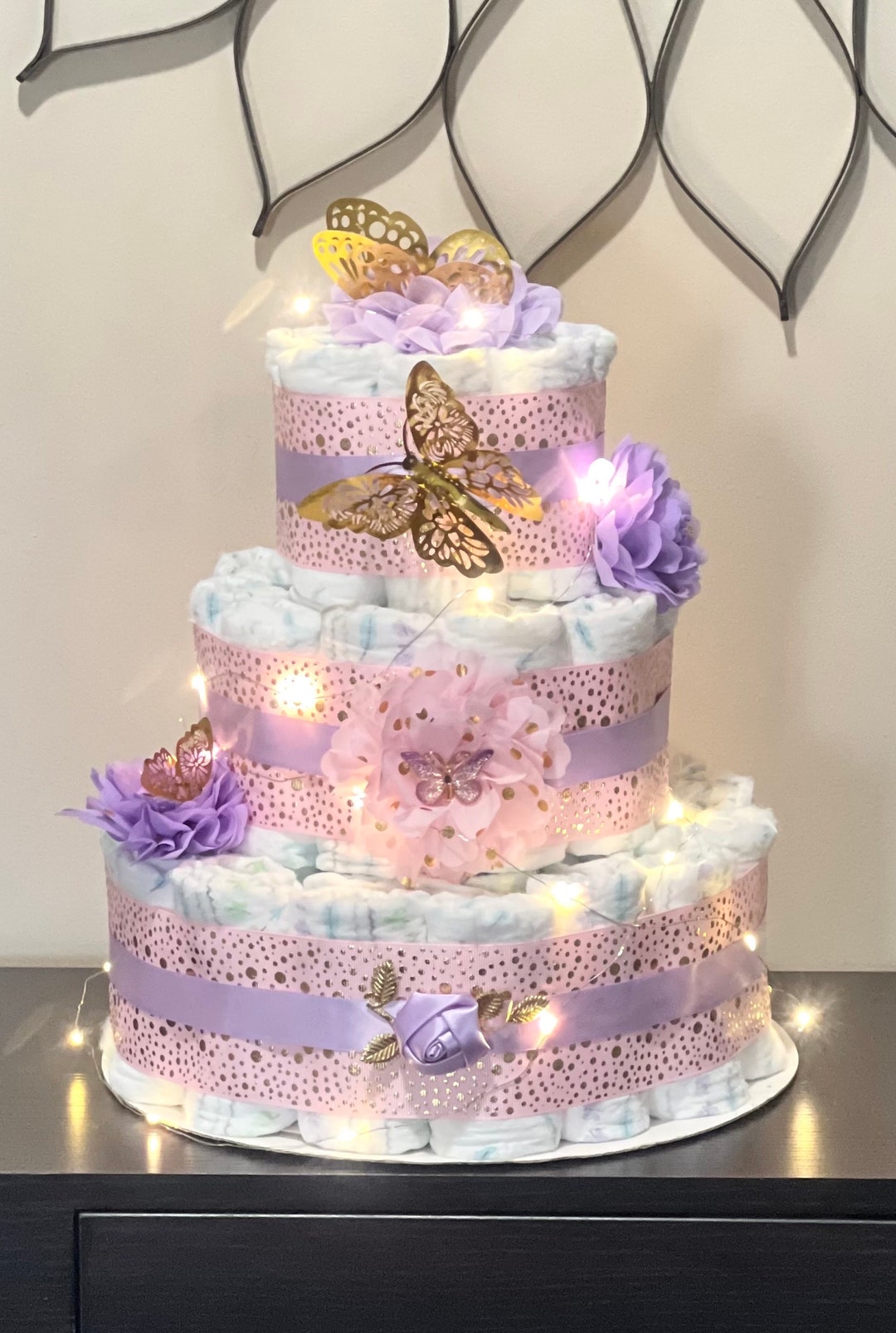Butterfly Diaper Cake With Fairy Light Baby Shower Girl Butterfly Baby ...