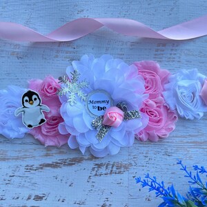 Penguin Baby Shower Sash ,pink /silver Penguin Maternity Sash , Winter ...
