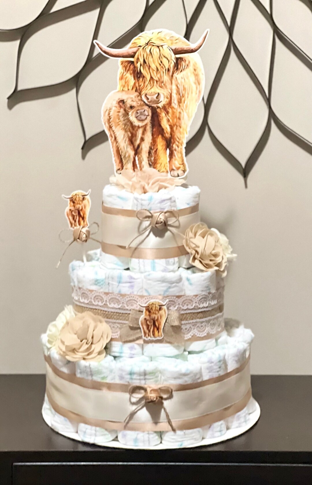 Highland Cow Baby Shower Diaper Cake , Boho Cow Baby Shower Centerpiece ...