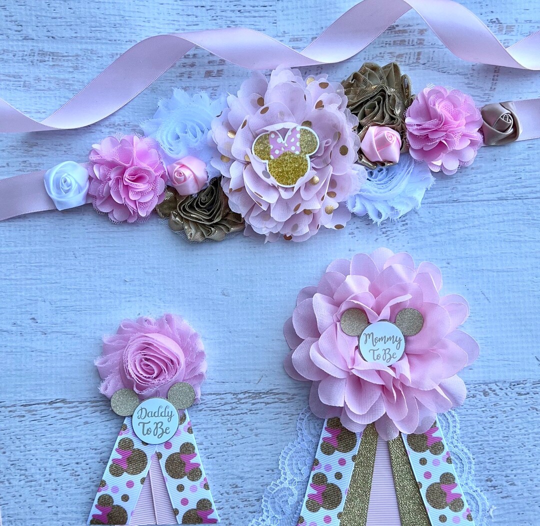Minnie Mouse Maternity Sash , Pink Gold Minnie Mouse Baby Shower Sash ...