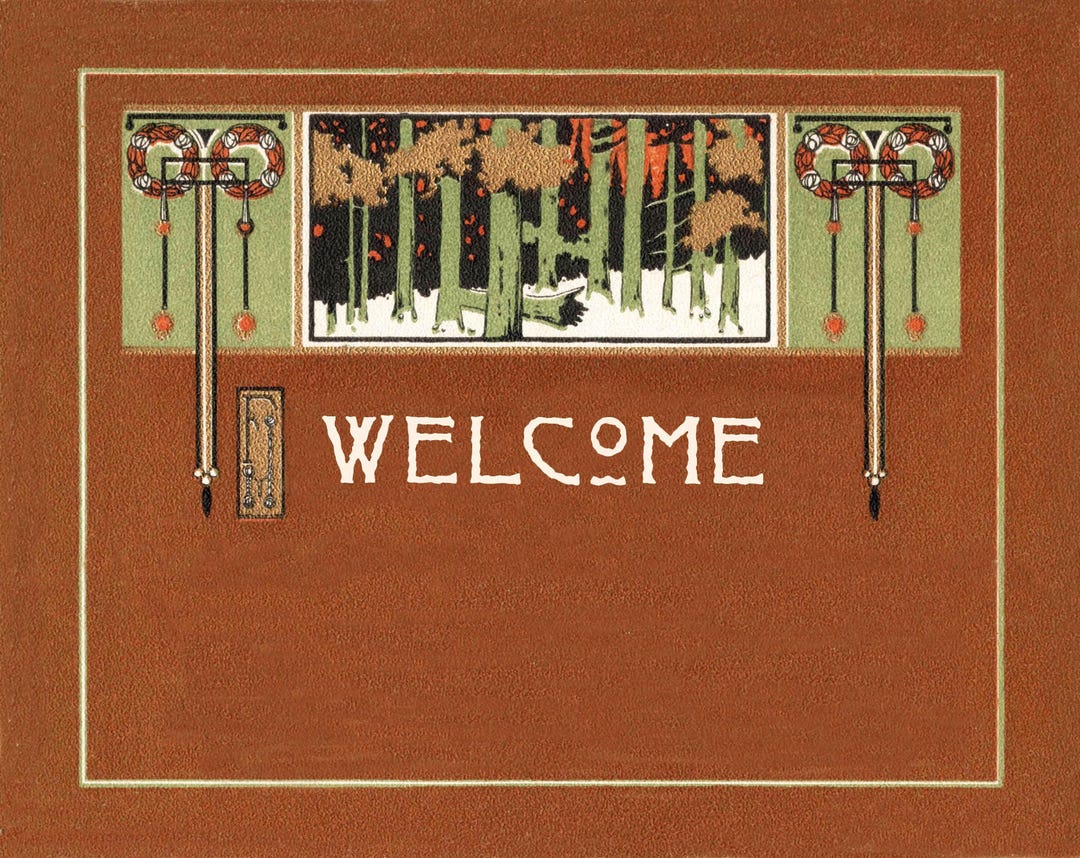 Welcome Jewelled-window Frames a Snowy Forest & Coral Sunset. Vintage ...