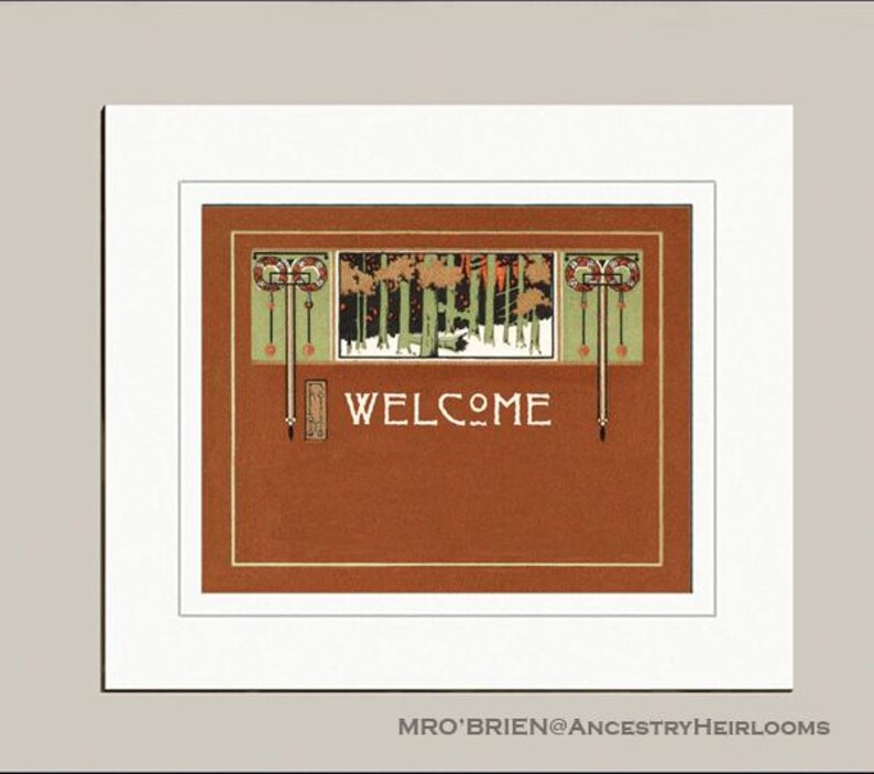 Welcome Jewelled-window Frames a Snowy Forest & Coral Sunset. Vintage ...