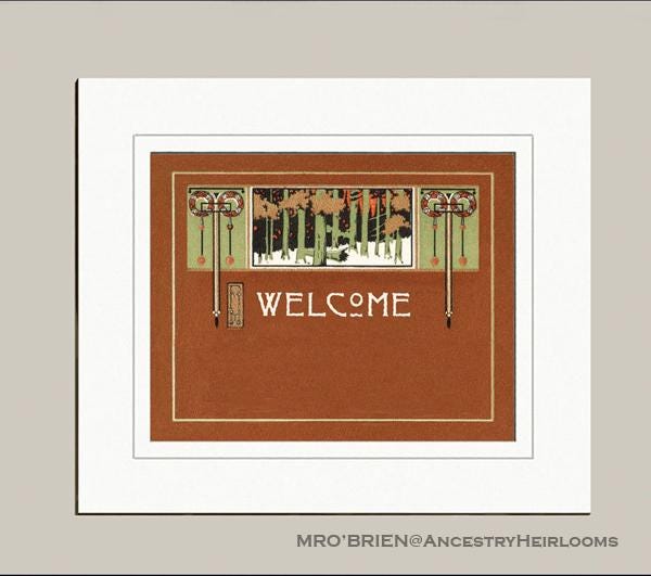 Welcome Jewelled-window Frames a Snowy Forest & Coral Sunset. Vintage ...