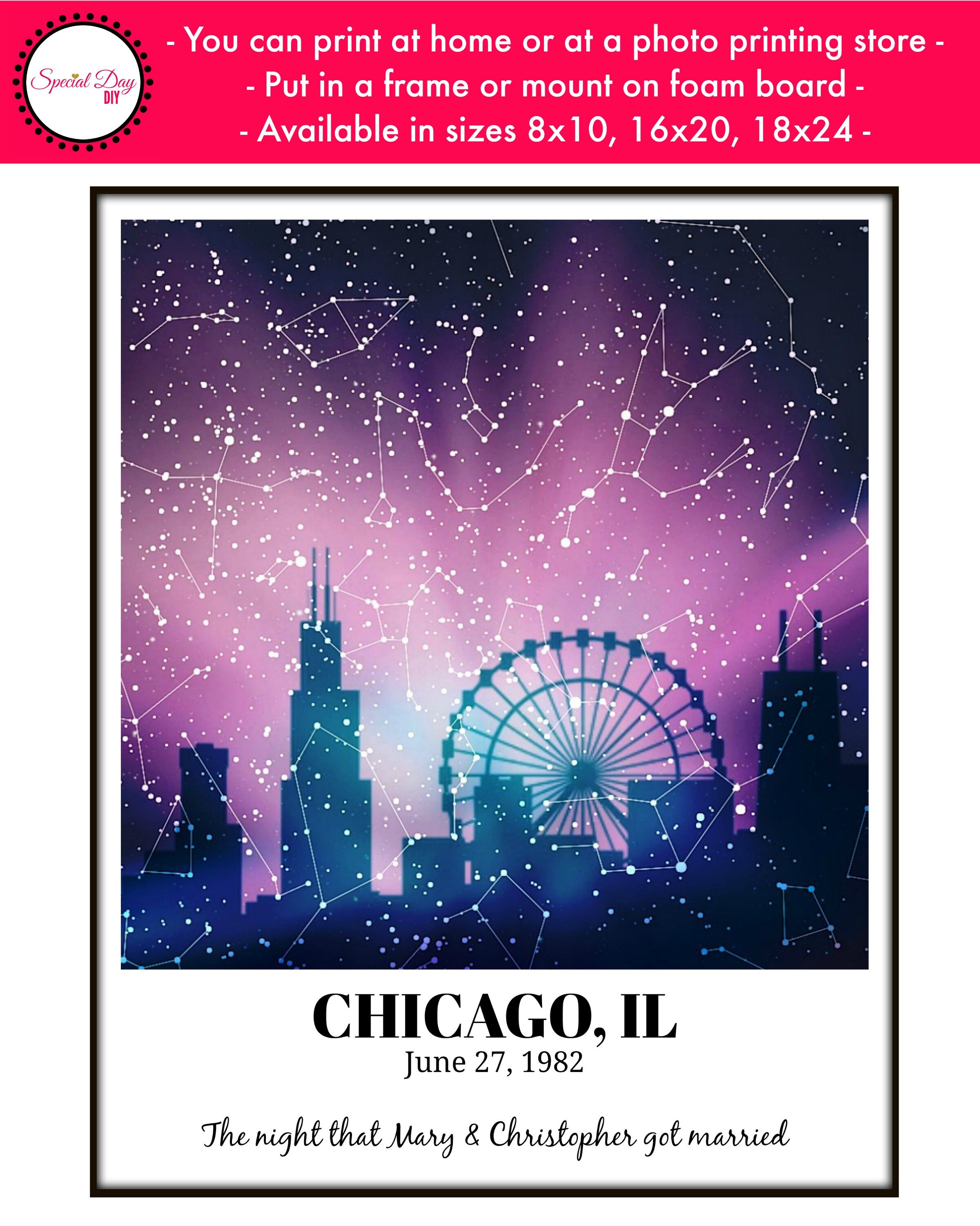 Chicago Skyline Wall Art, Custom Star Map, Chicago Print, Constellation ...