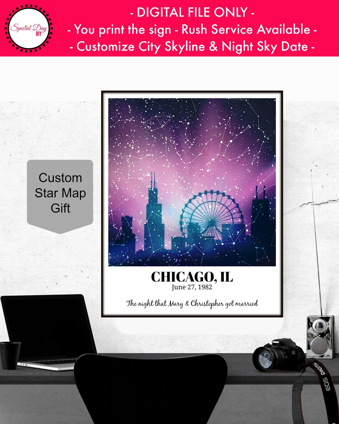 Chicago Skyline Wall Art, Custom Star Map, Chicago Print, Constellation ...