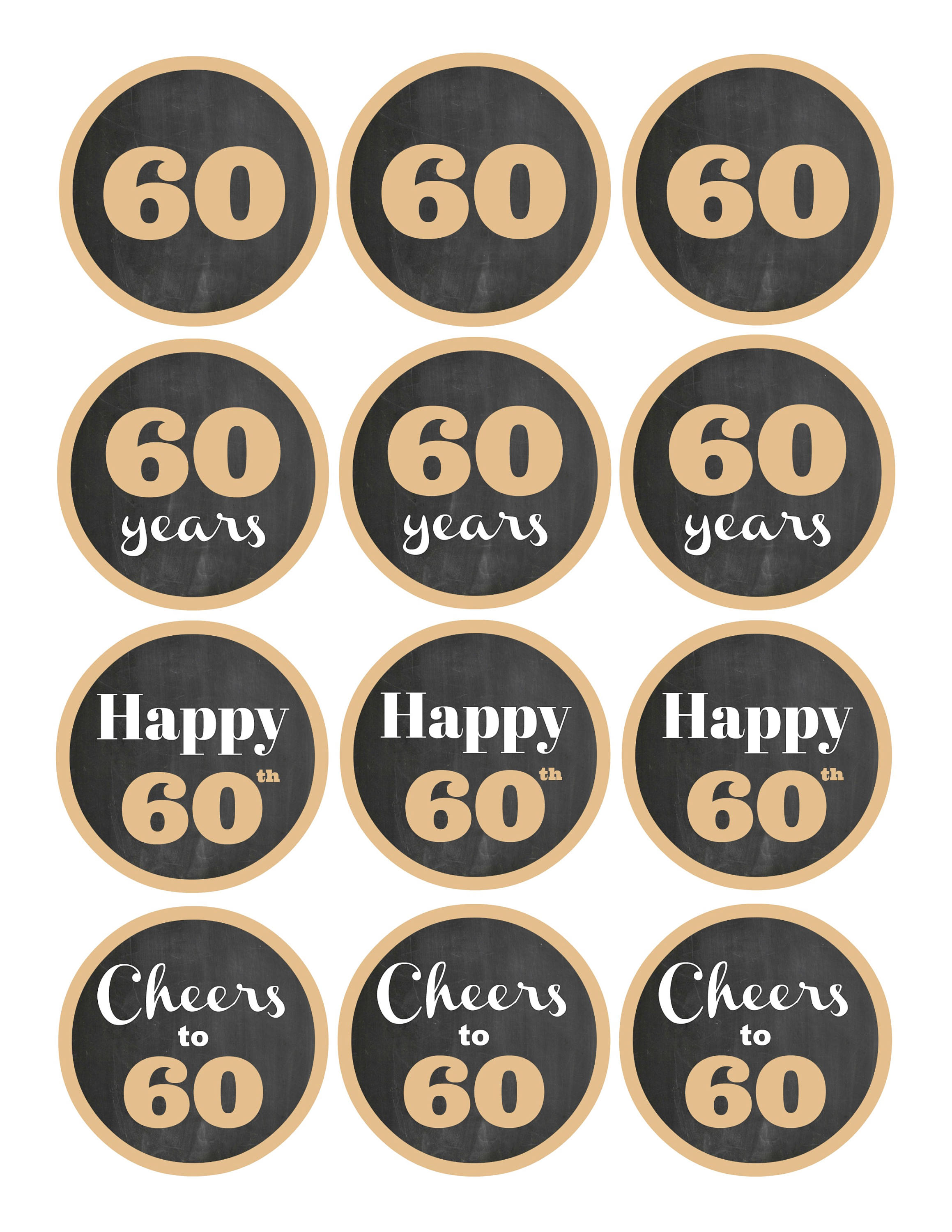 60th Cupcake Toppers Gold PRINTABLE Cupcake Toppers Happy | Etsy