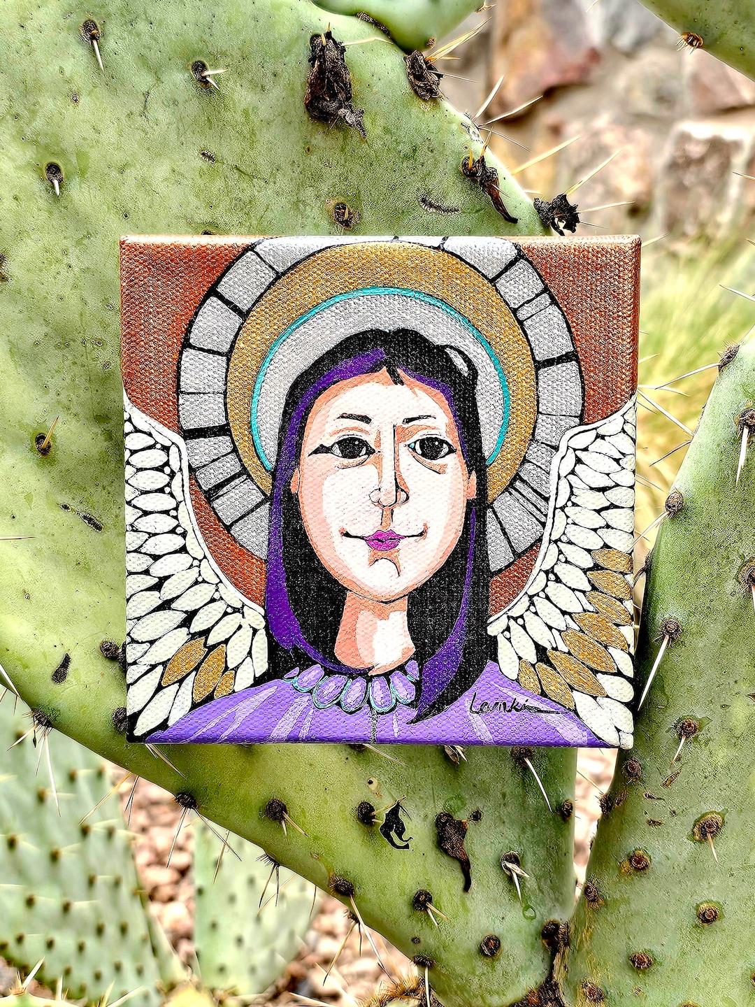 Original Signed JK Lamkin Purple Angel Canvas Painting 5 X 5 With Gold ...