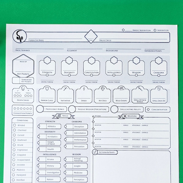 Character Sheet Pdf Druid - Etsy