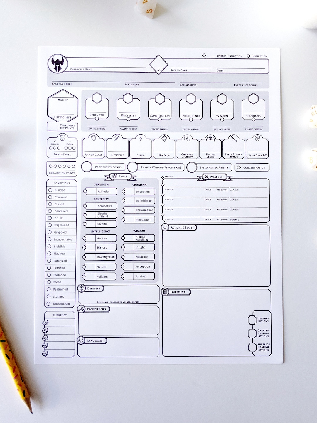 Paladin Custom Character Sheet - Printable and Form-fillable - Etsy