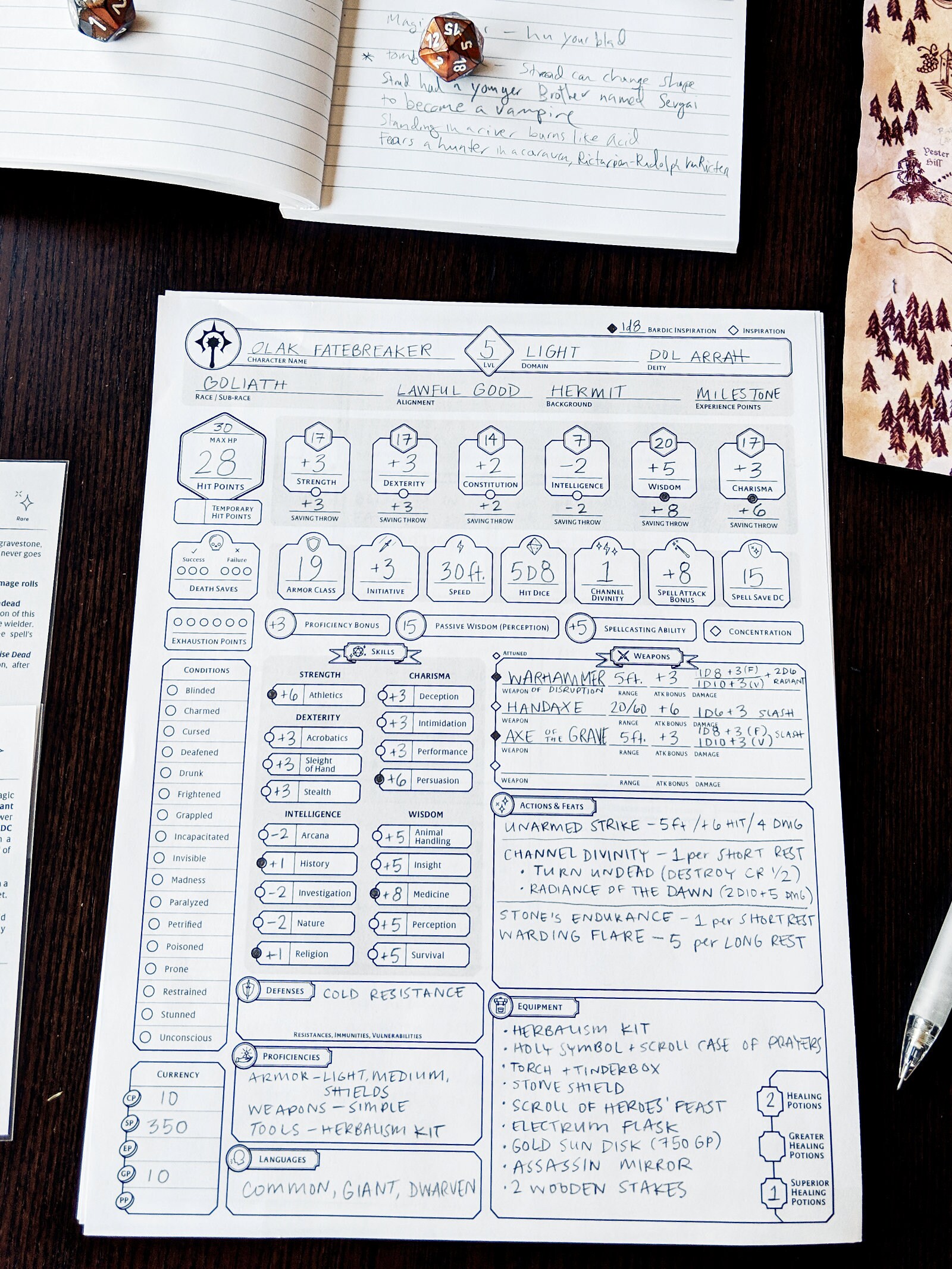 Cleric Custom Character Sheet Printable and Form-fillable | Etsy