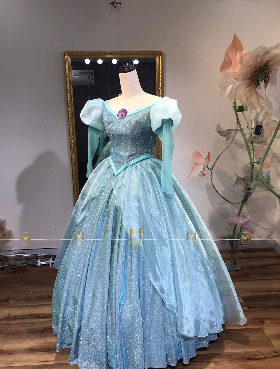 The Ariel Blue Dress With Sparkler Fabric Costume for Adult - Cosplay ...
