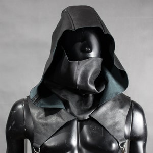 Black Leather Hood - Post Apocalyptic Hood - Upcycled Leather Muffler ...