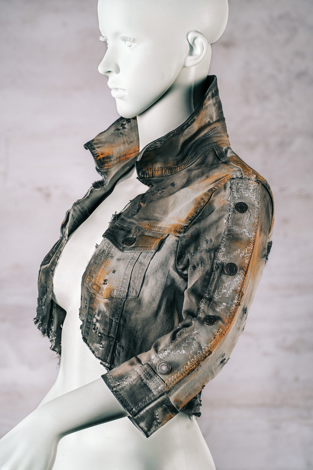 Distressed Denim Cropped Jacket - Furiosa Jacket - Vintage Weathered ...