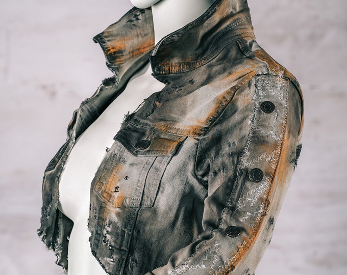 Distressed Denim Cropped Jacket - Furiosa Jacket - Vintage Weathered ...