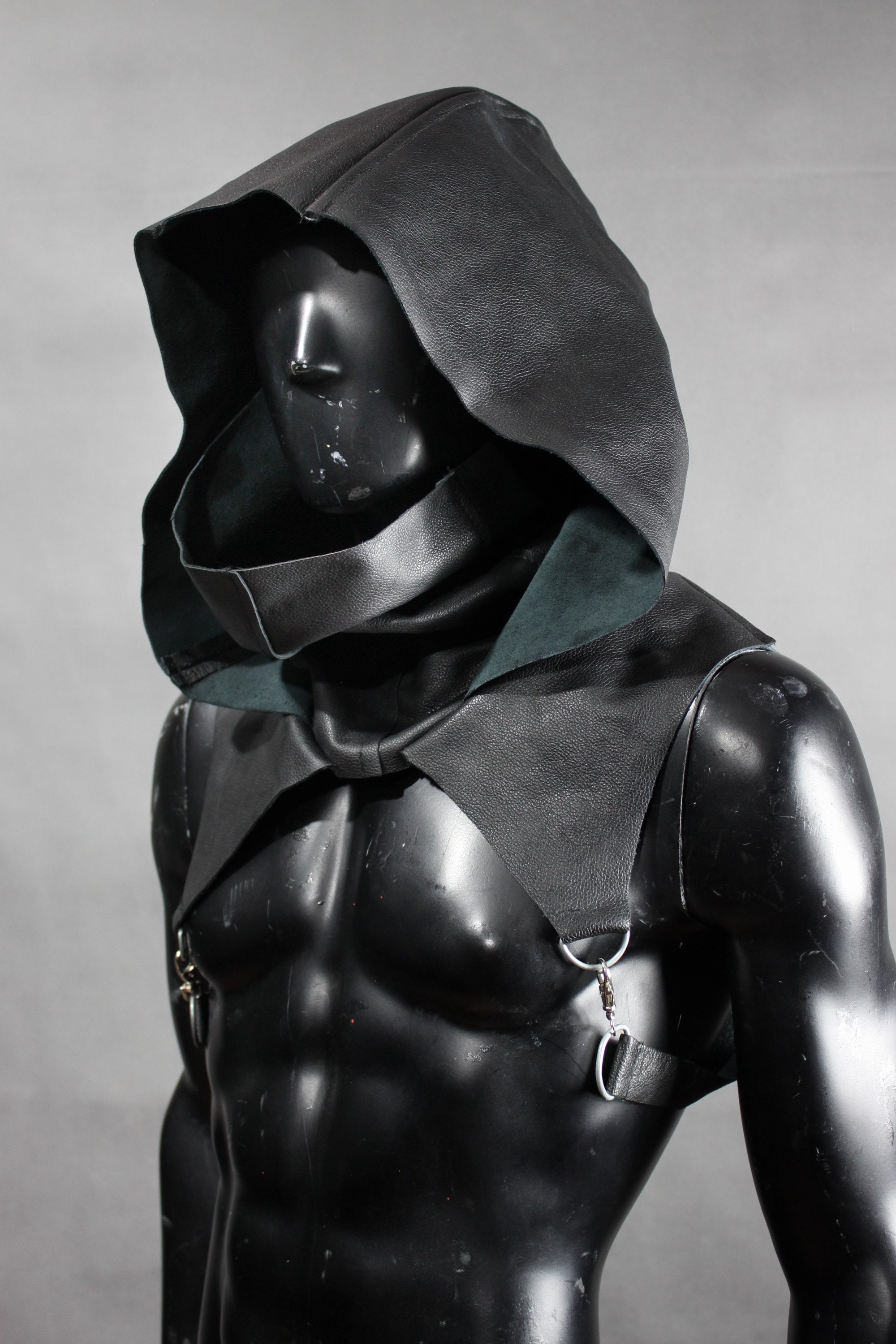 Post Apocalyptic Hood - Black Leather Hood - Upcycled Leather Muffler ...