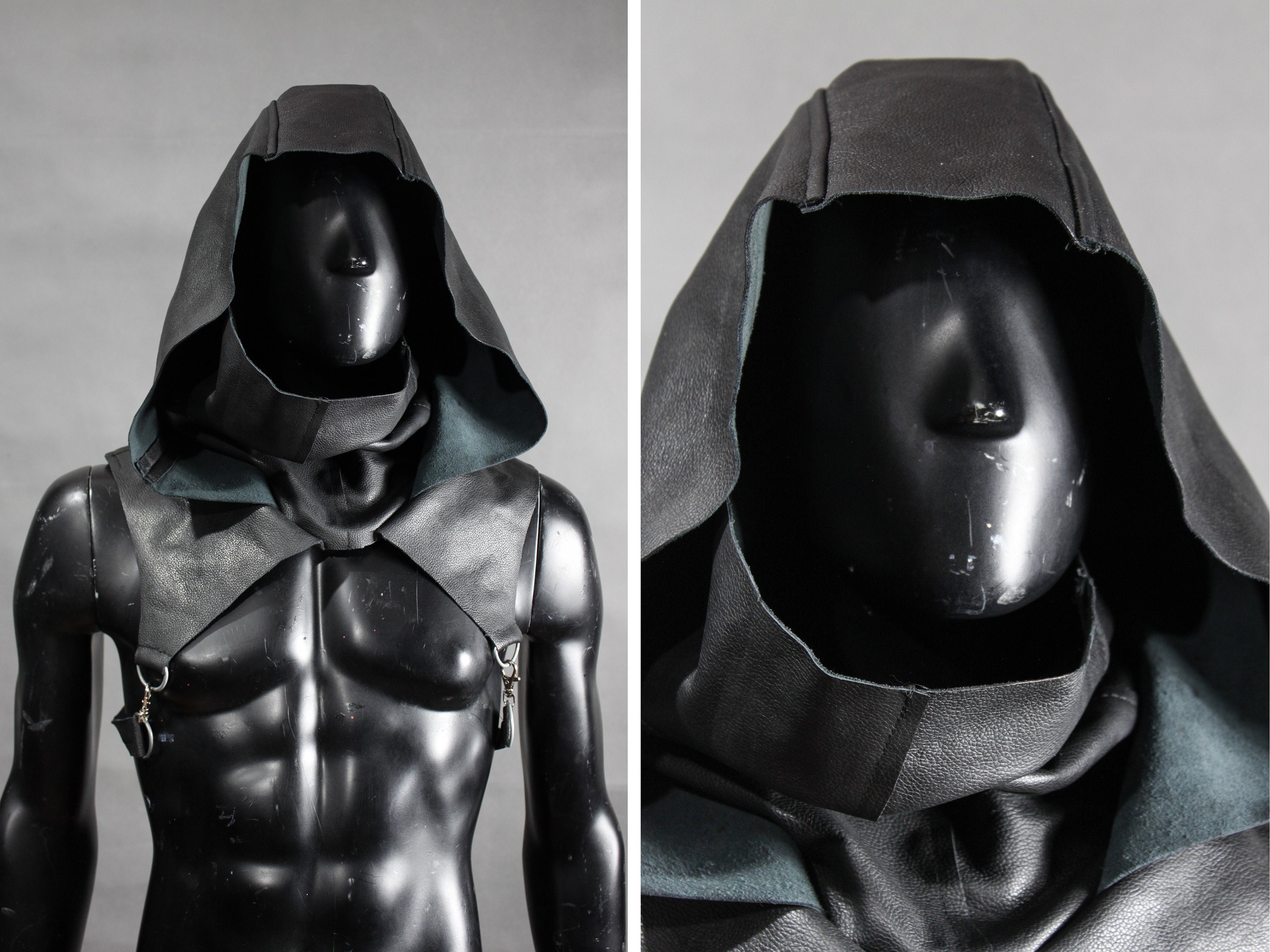Post Apocalyptic Hood - Black Leather Hood - Upcycled Leather Muffler ...