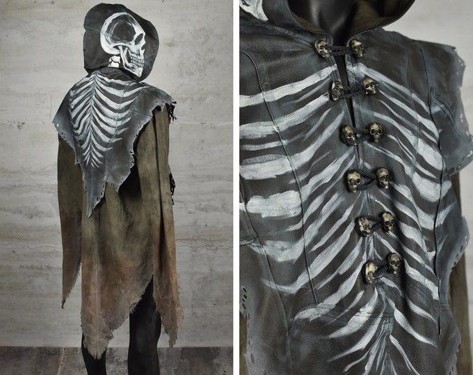 Apocalyptic Halloween Coat - Human Skull Hood - Skeleton Tunic ...