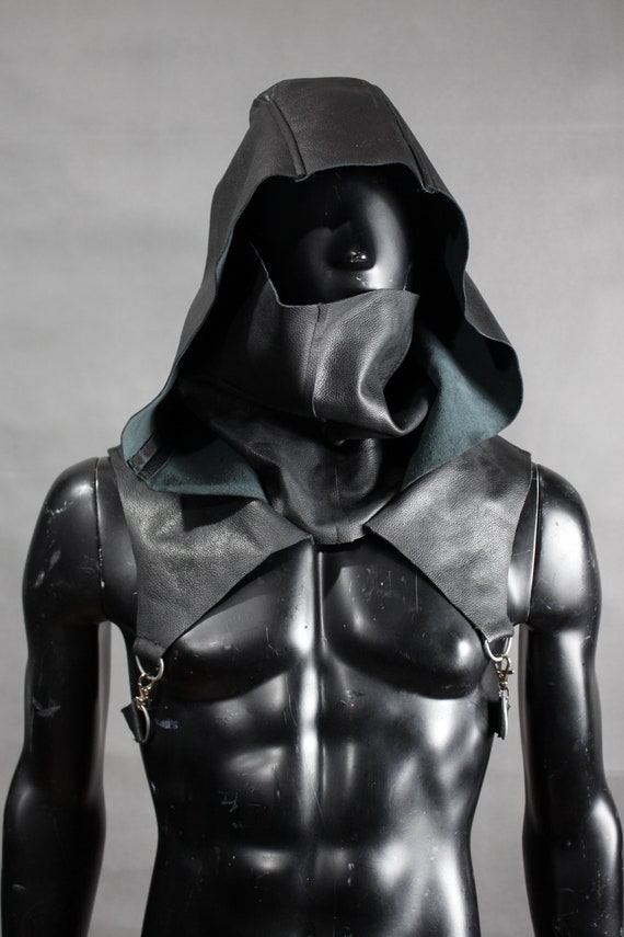 Post Apocalyptic Hood - Black Leather Hood - Upcycled Leather Muffler ...