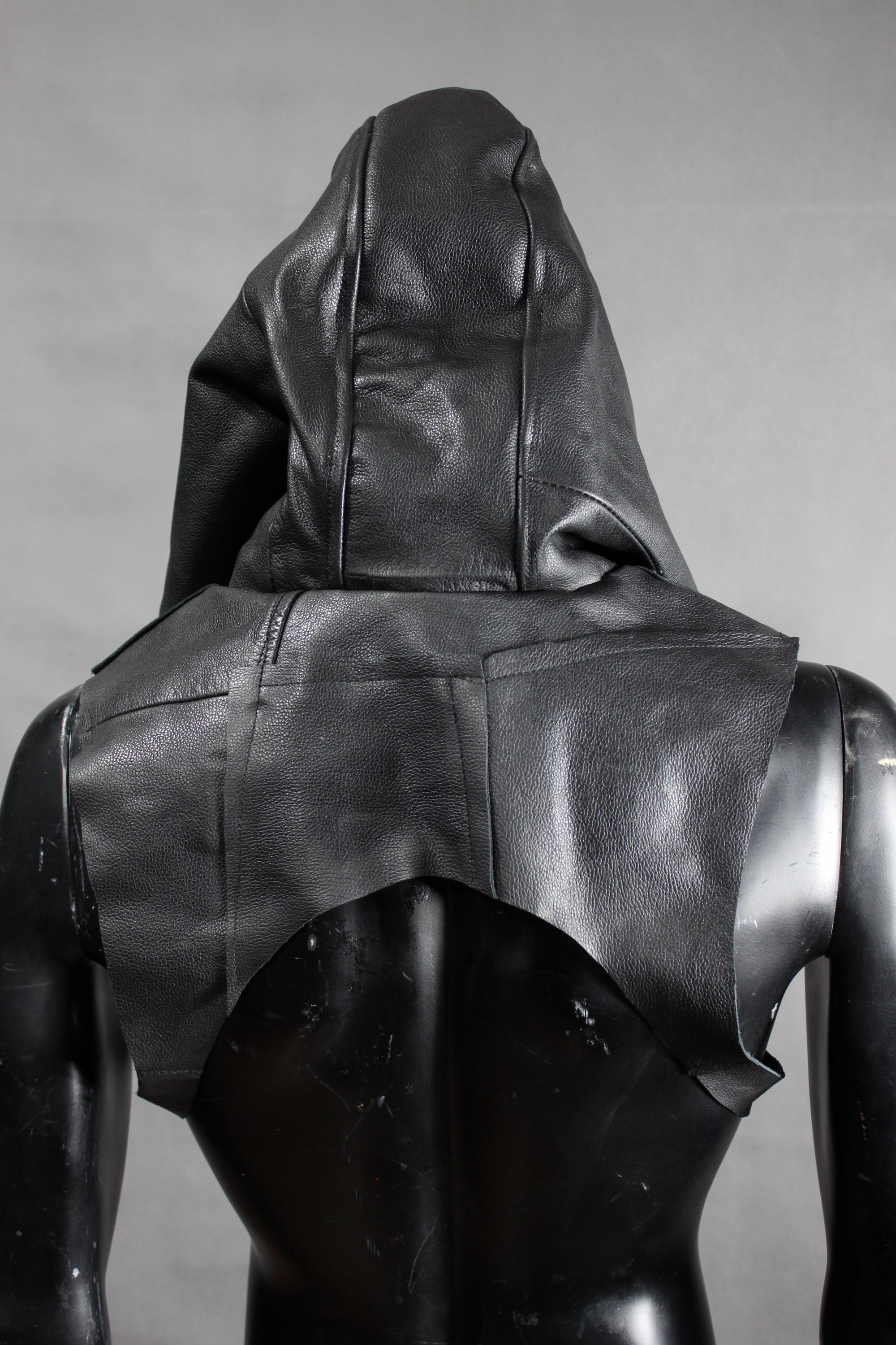 Post Apocalyptic Hood - Black Leather Hood - Upcycled Leather Muffler ...