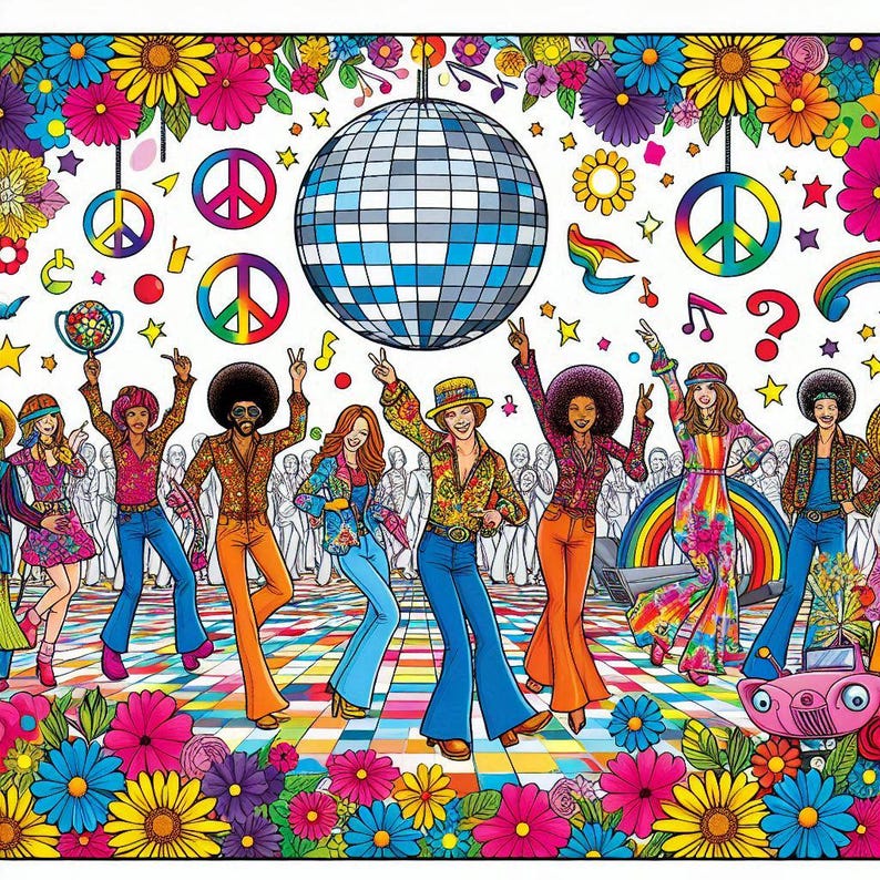Fun 1970s Theme Coloring Pages -6 Coloring Pages. - Etsy