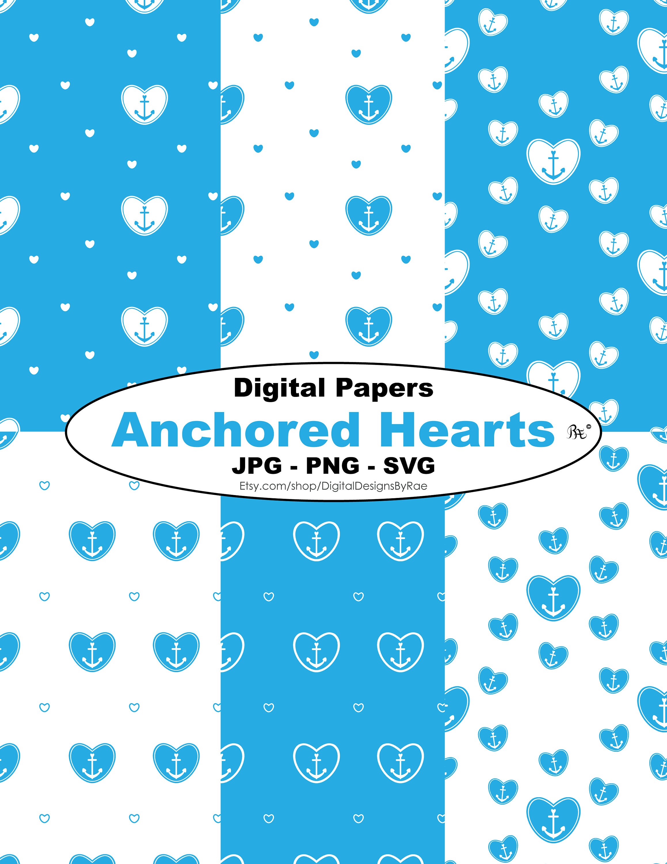Anchored Hearts Digital Paper Set With 20 Patterns - Etsy