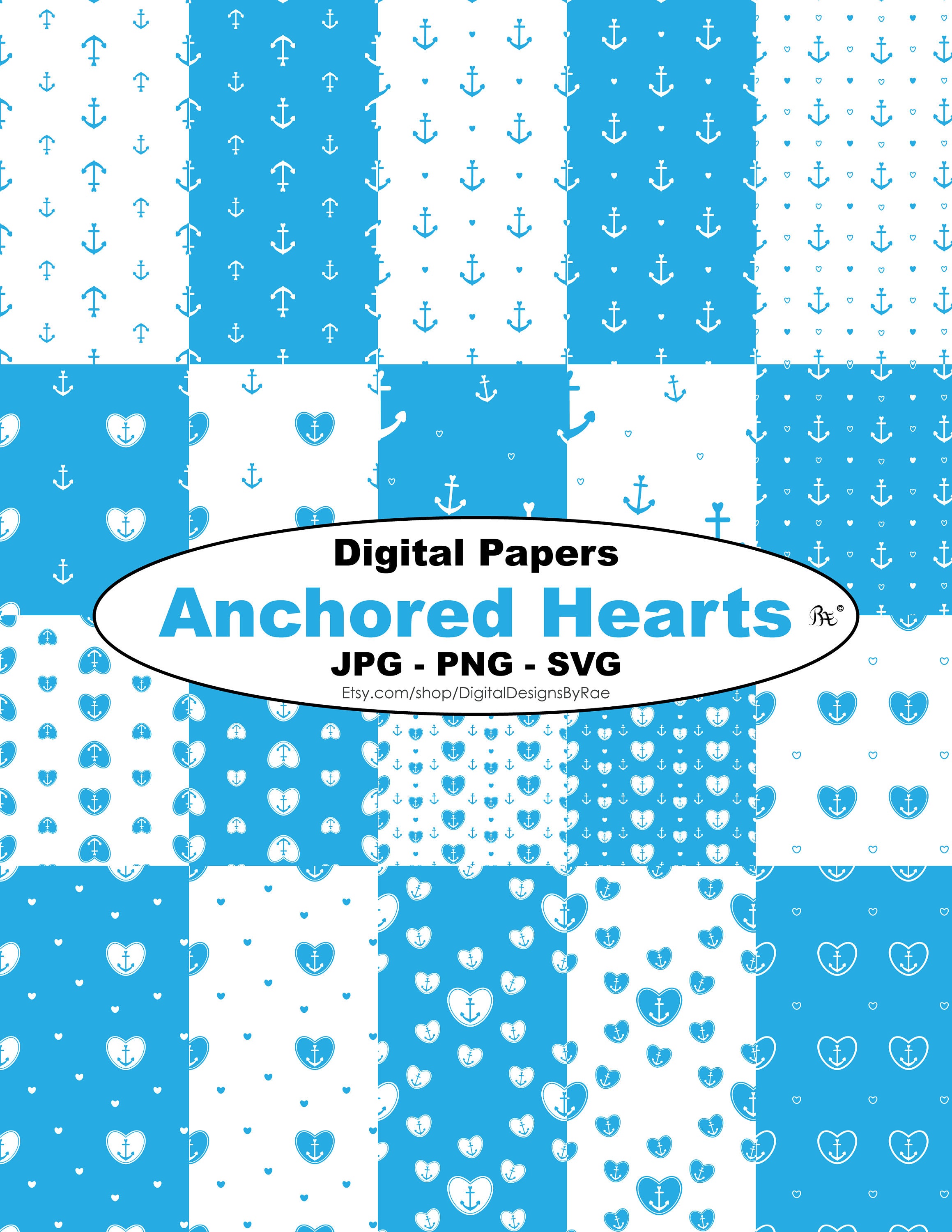 Anchored Hearts Digital Paper Set With 20 Patterns - Etsy