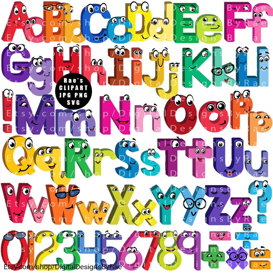 Happy Alphabet Characters Clipart Set With Numbers and Some Symbols and ...