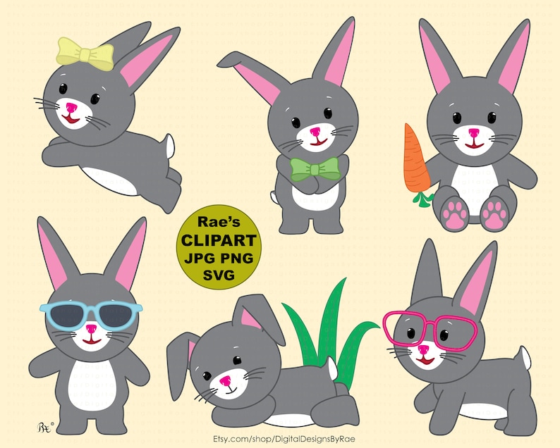 Glad Gray Rabbits Digital Clipart Set - Etsy