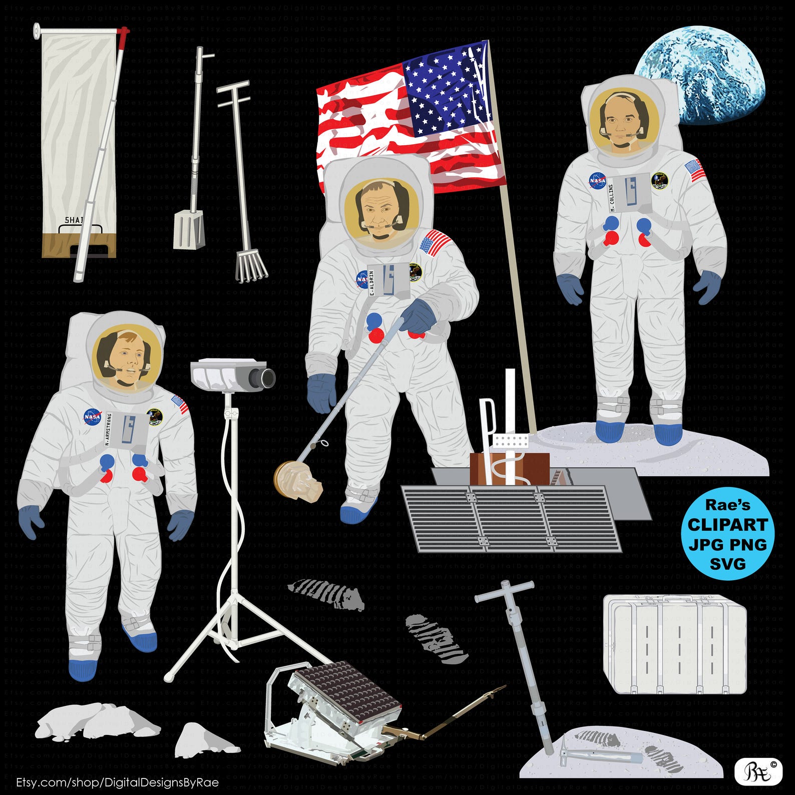 Apollo 11 Clipart Set With Neil Armstrong and Buzz Aldrin and Tim ...