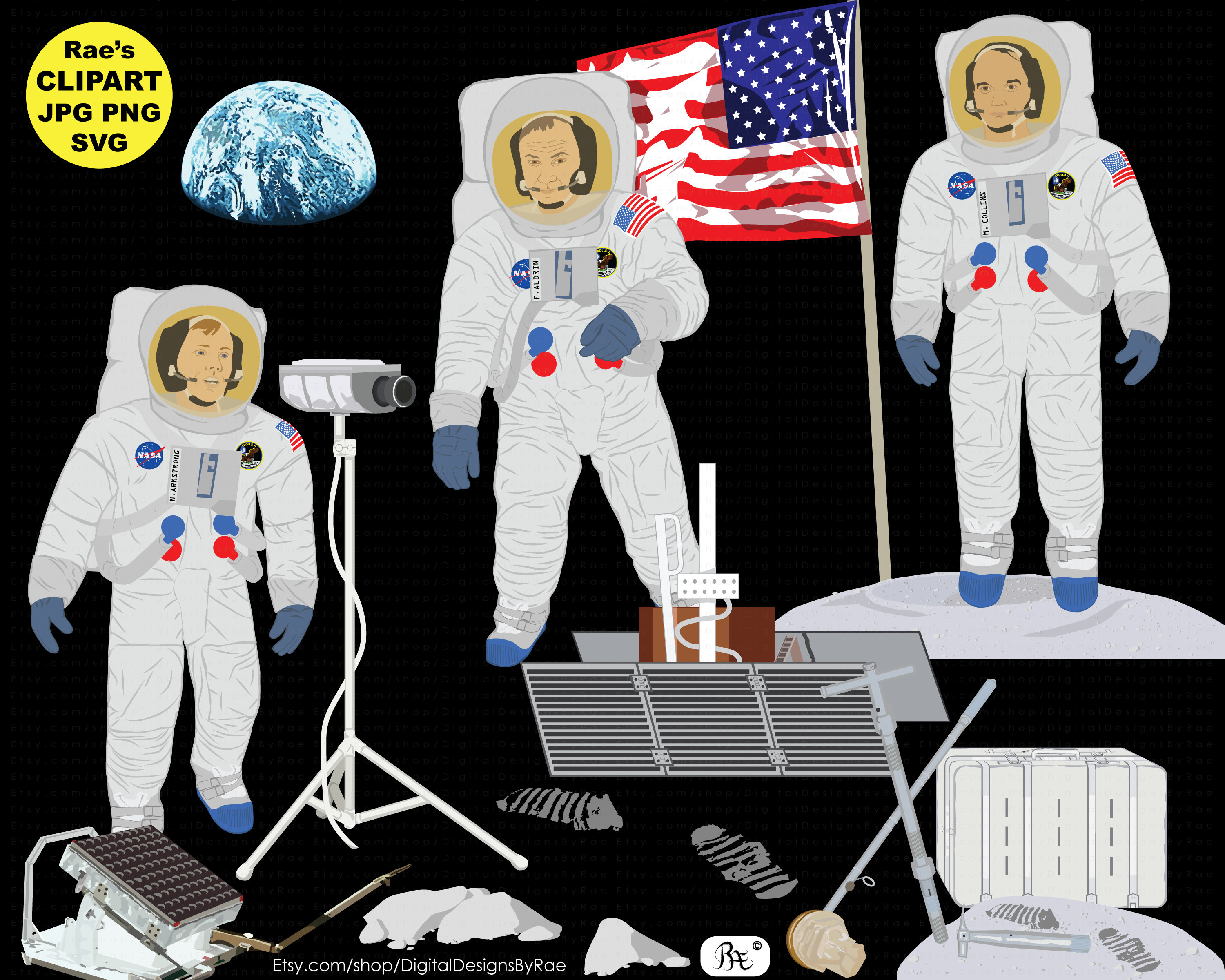 Apollo 11 Clipart Set With Neil Armstrong and Buzz Aldrin and Tim ...