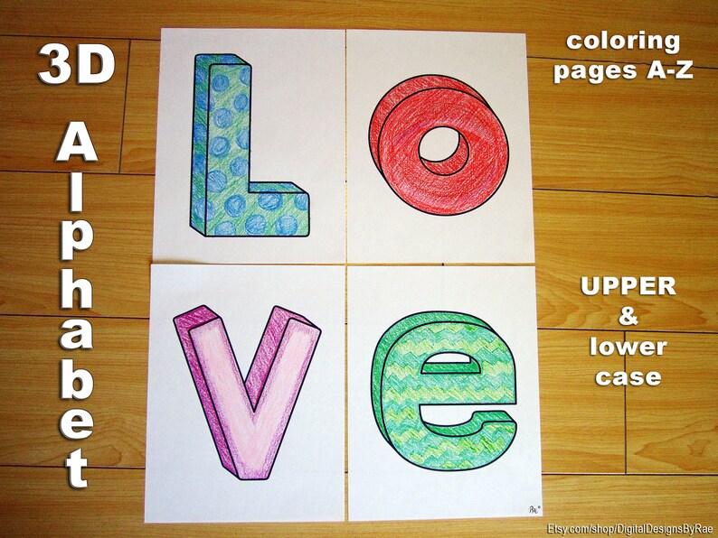 3D Alphabet Printable Coloring Pages - Etsy