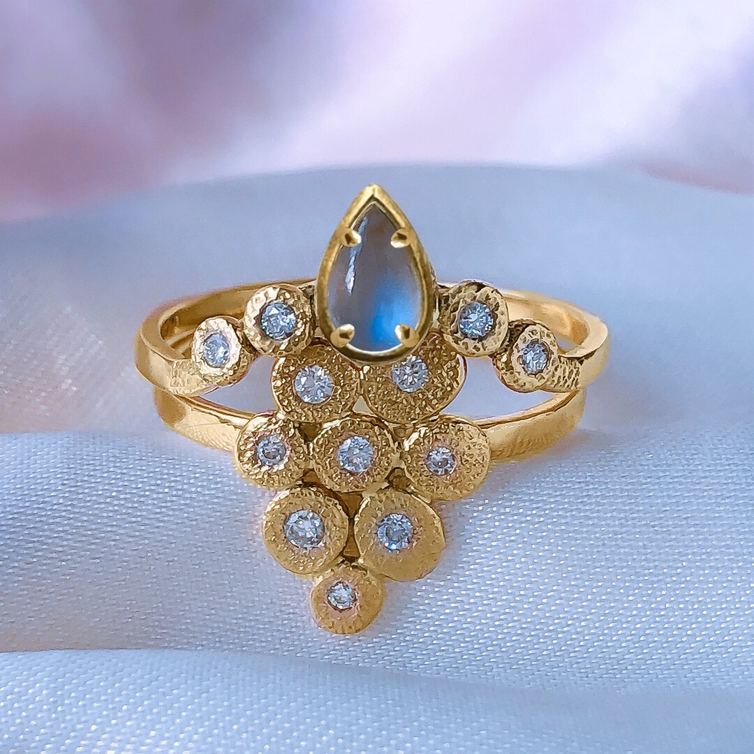 Cloud Cascade Art Deco Moonstone Diamond Engagement Wedding Ring Set in ...