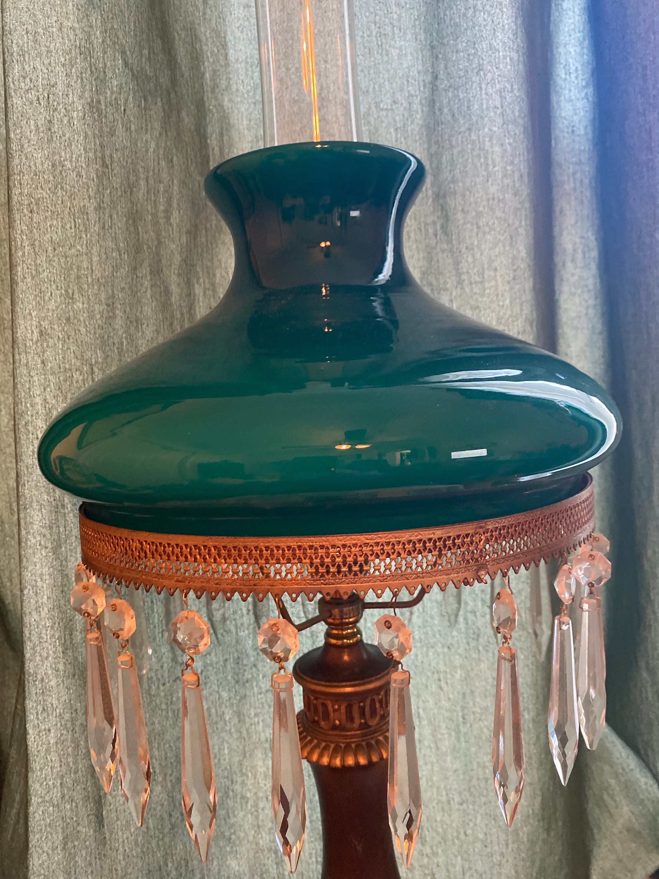 Antique Brass Lamp Wth Green Glass Shade & Prisms Very - Etsy