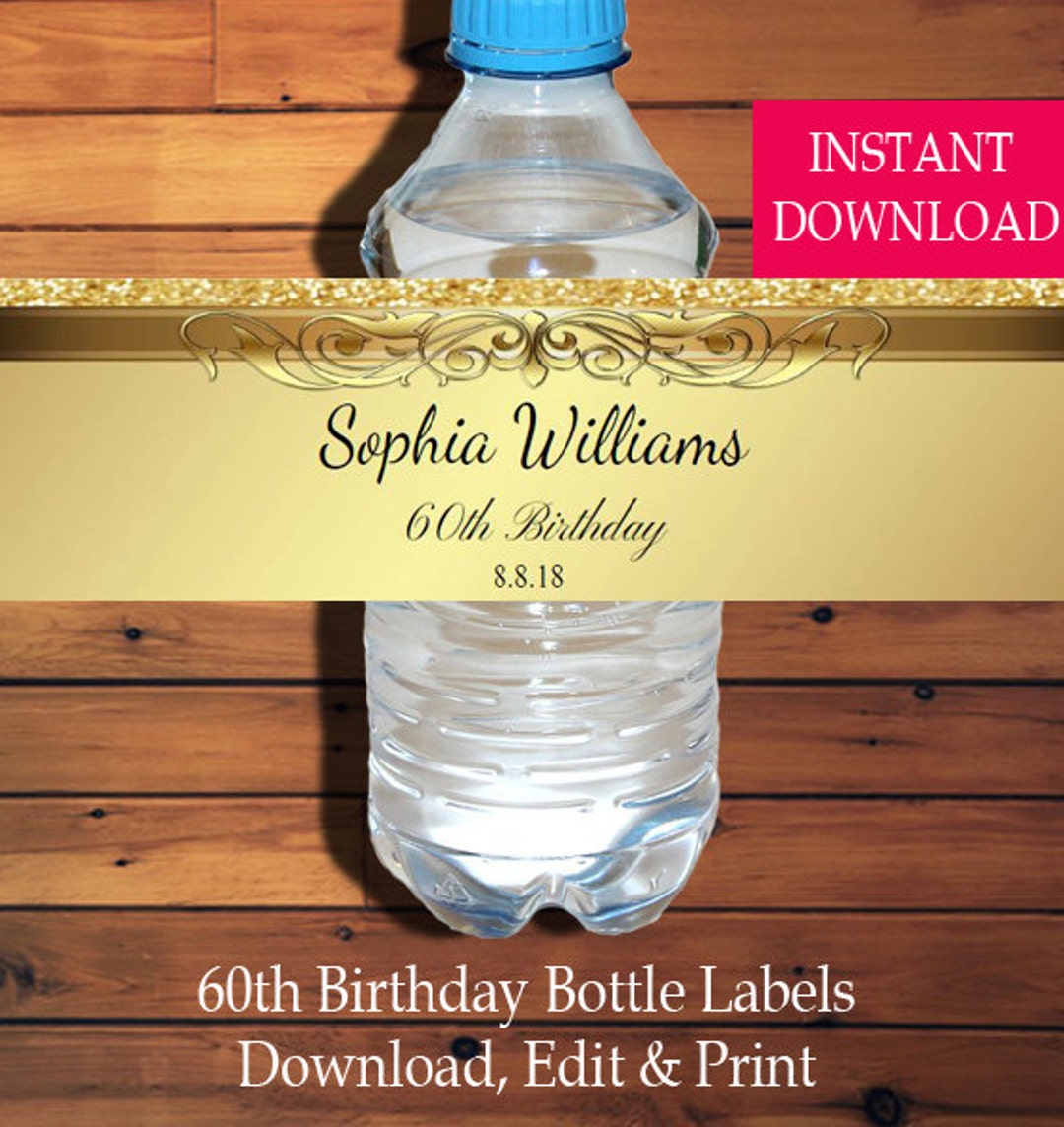 Gold 60th Birthday Water Bottle Label Birthday Bottle Labels Gold Water ...