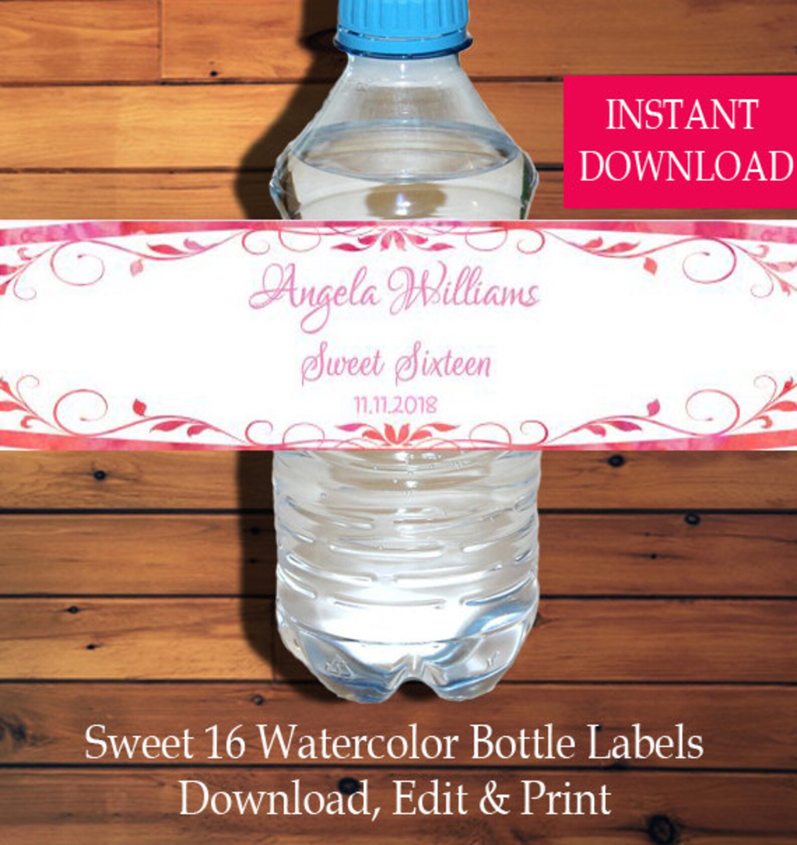 Sweet 16 Water Bottle Label Watercolor Floral Sweet Sixteen Bottle ...