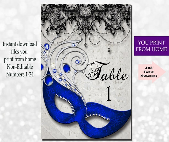 Instant Download Masquerde Printable Table Numbers 1-24 Navy Blue and ...
