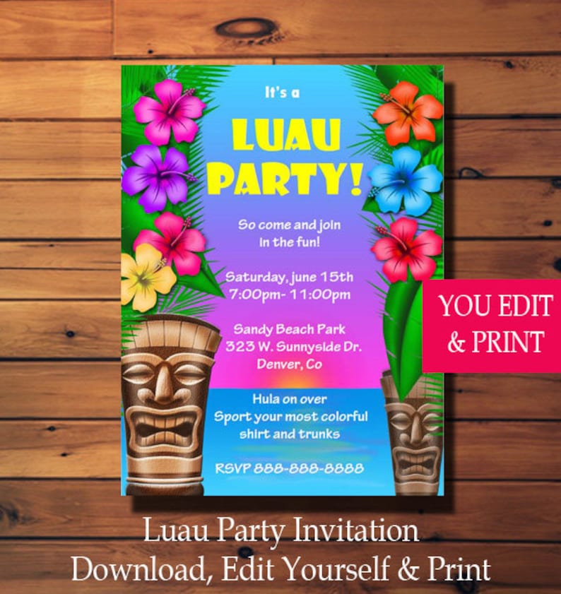 Luau Invitation, Luau Party Invitation, Luau Birthday Invitation ...