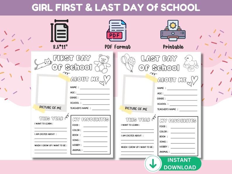 Cute Girl First Day & Last Day of School Printable, Home School ...