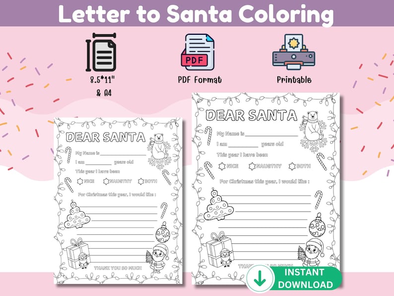 Letter to Santa Coloring Page Printable, Christmas Coloring, Dear Santa ...